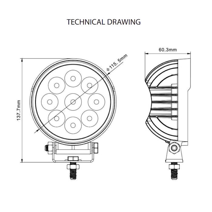0-421-21 | Durite 12V-24V Round 9 x 3W LED Work Lamp - IP67
