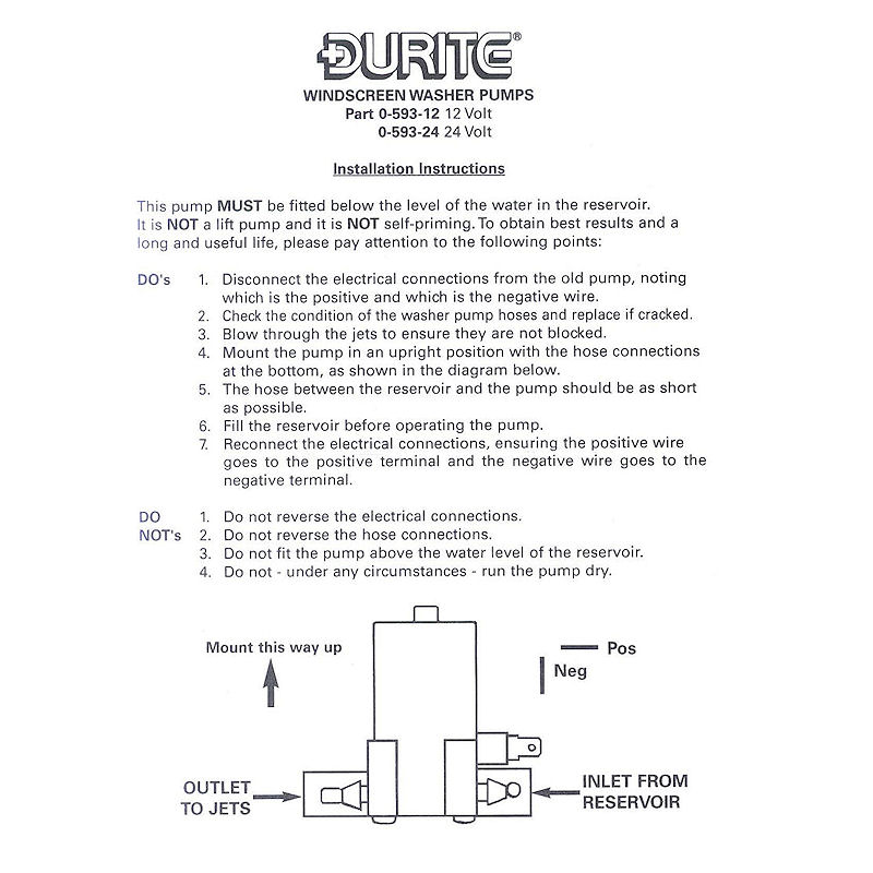 0-593-24 | Durite 24VDC Vane Type Windscreen Washer Pump