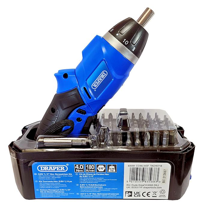 83568 | Draper Tools 3.6V Cordless Li-ion Screwdriver Kit