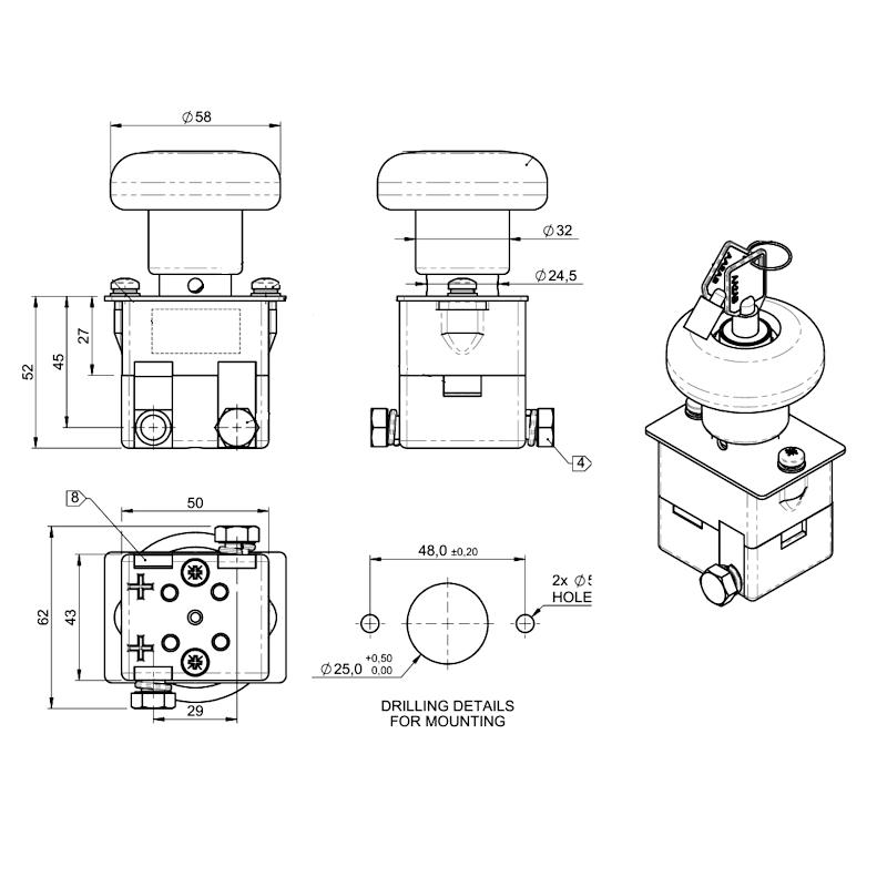 ED125L-7 | Albright 125A Keyed Battery Isolator Stop Switch
